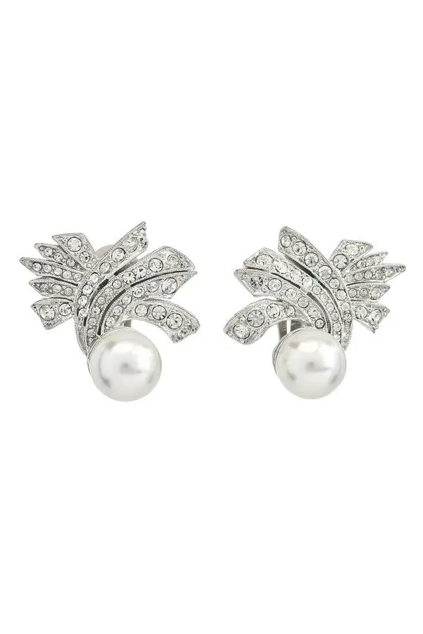 KENNETH JAY LANE Crystal Flare Clip Earrings With Pearl Centers - Silver