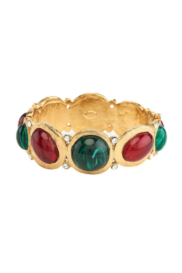 KENNETH JAY LANE Emerald & Ruby Cabochon Hinged Bangle - Gold