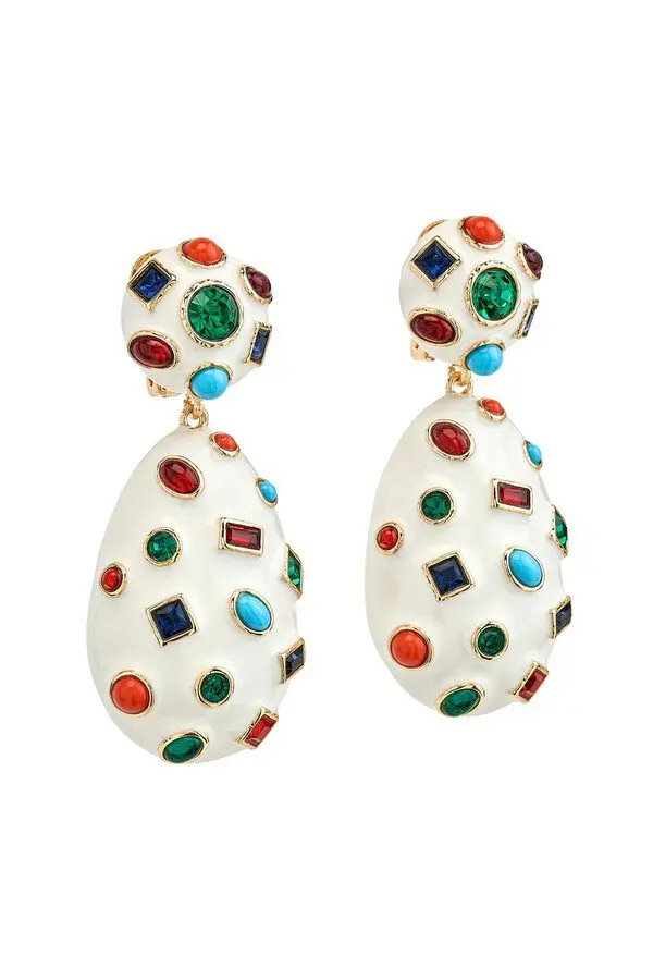 KENNETH JAY LANE White Enamel Gemstone Clip Earrings - Multicolor