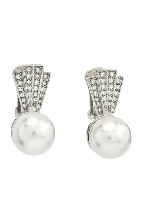 KENNETH JAY LANE Pearl Drop Clip Earrings With Crystal Embellished Fan - Silver