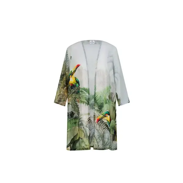 DHARA SHETH, DUBAI Grey / Green Wild Wings Bird In The Jungle Printed Short Kimono Green & Multicolor Beach Cover Up - Grey/green