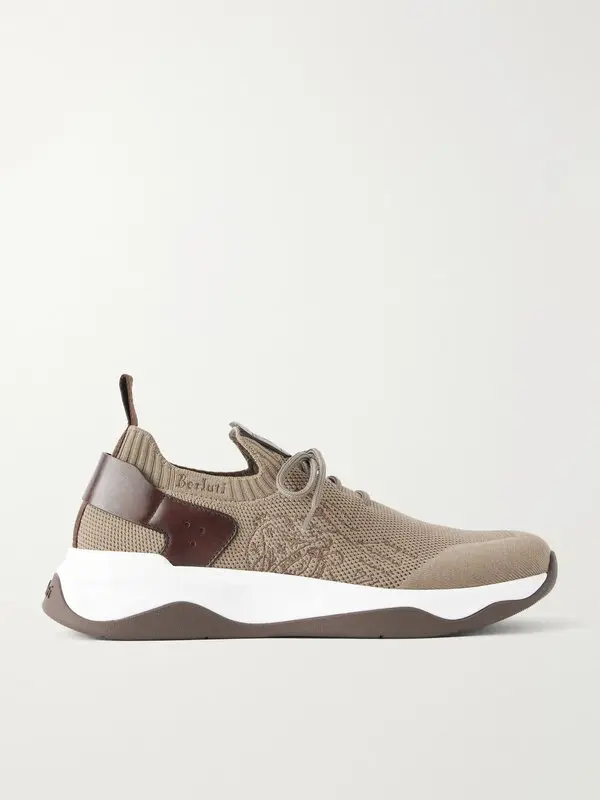 Berluti Shadow Leather-trimmed Stretch-knit Sneakers