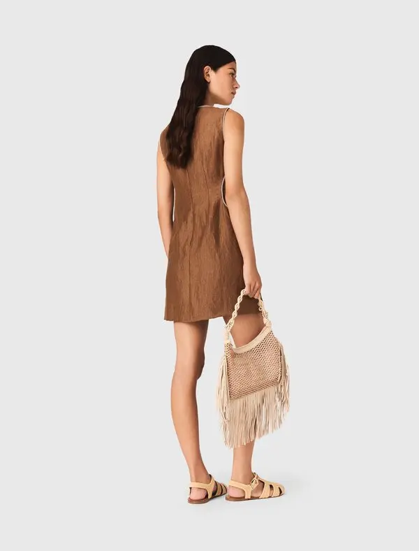 Maje Short Linen Blend Dress With Rhinestone Embellishments