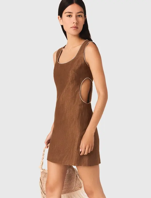 Maje Short Linen Blend Dress With Rhinestone Embellishments