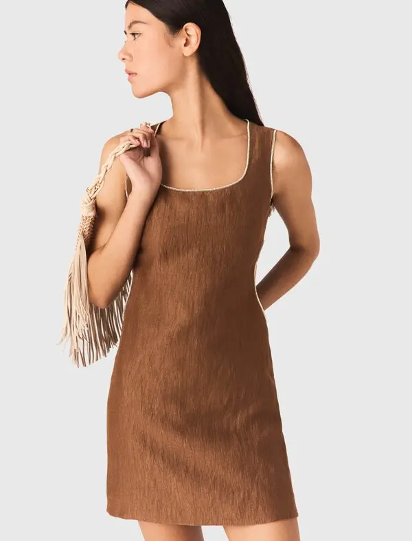 Maje Short Linen Blend Dress With Rhinestone Embellishments