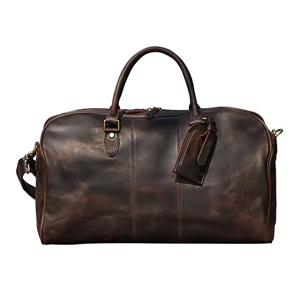 TOURI Genuine Leather Duffle Bag With Luggage Tag - Brown