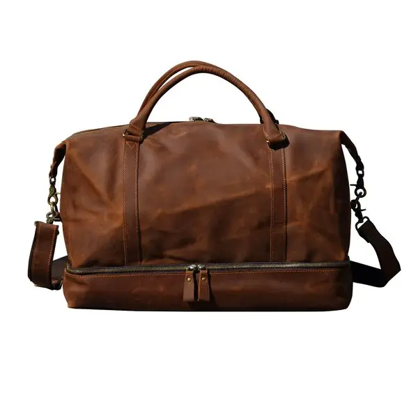 TOURI Genuine Leather Weekend Bag With Suit Compartment - Brown