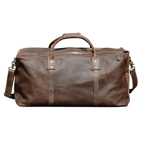 TOURI Genuine Leather Holdall Luggage Bag - Brown