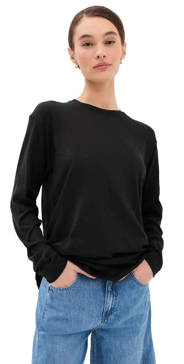Tibi Sheer Crepe Knit Long Sleeve Tee - Black
