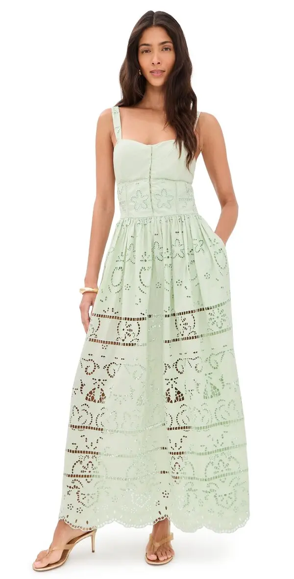 Alice + Olivia Anya Embroidered Sweetheart Neckline Midi Dress - Light Sage