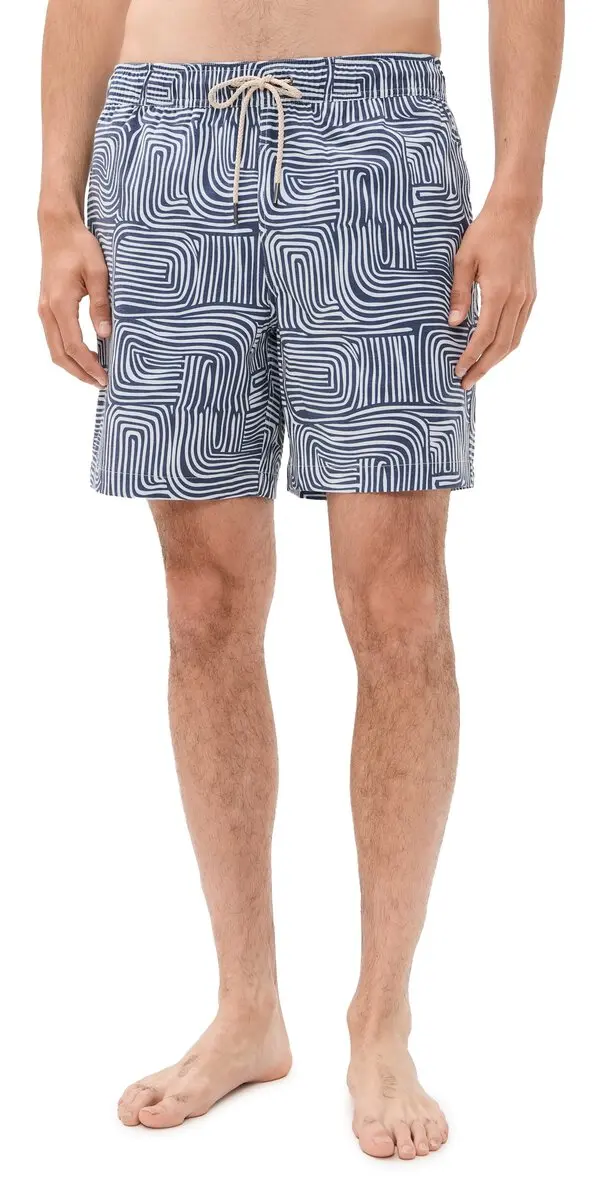 FAIR HARBOR Bayberry Swim Trunks With Abstract Print - Navy Wavy Sands