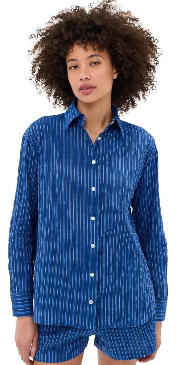 LE BOP Kali Tie Back Button Down - Blue Stripe