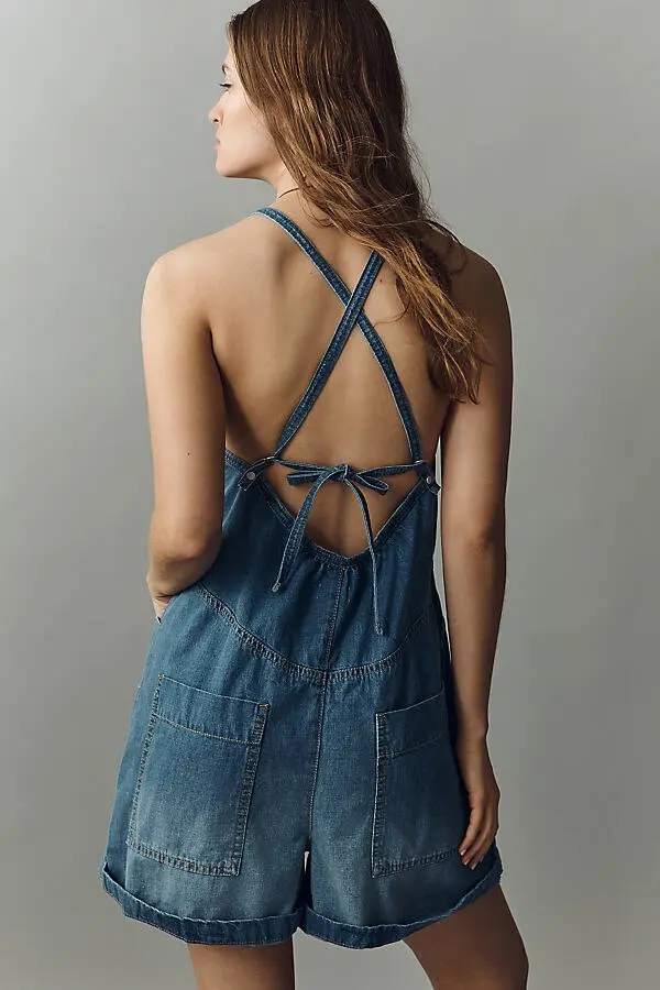 PILCRO 100% Cotton V-neck Denim Romper
