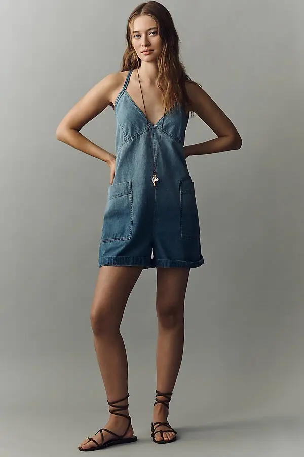 PILCRO 100% Cotton V-neck Denim Romper