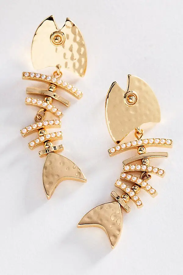 Anthropologie Metal Fish Drop Earrings - Pearl