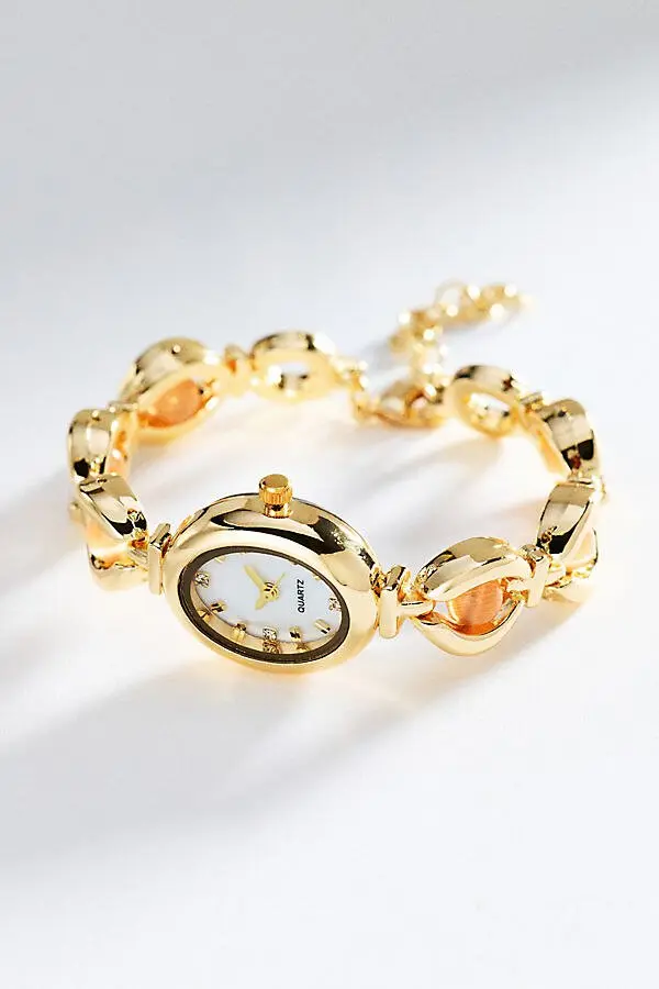 Anthropologie Gold-plated Stone And Watch Bracelet - Peach Catseye