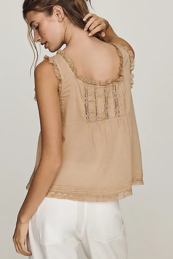 Anthropologie Cotton Lace Ruffle Tank Top - Tan