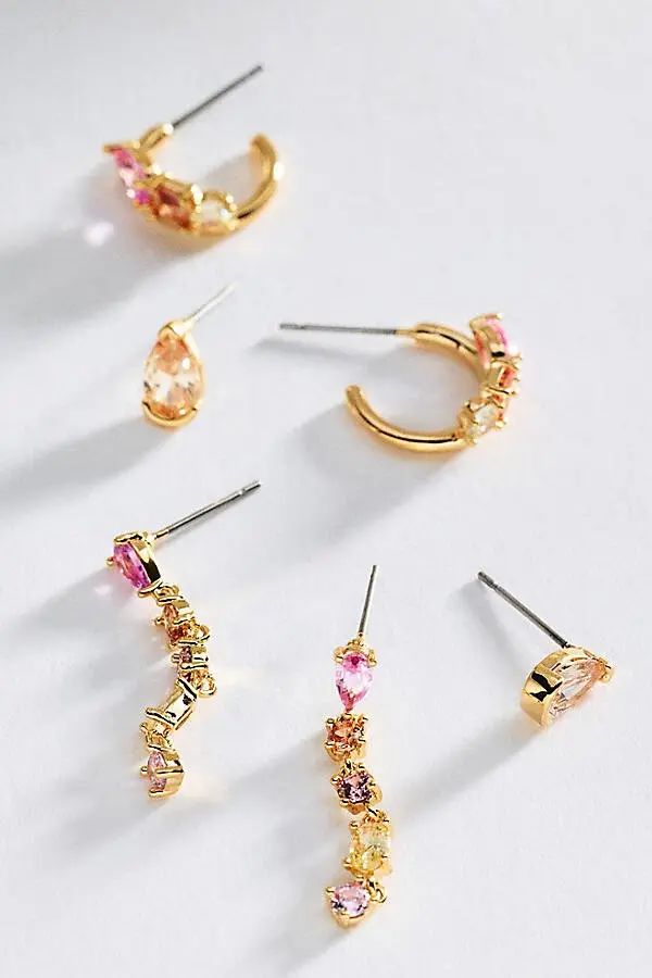 Anthropologie Mixed Stone Hoop And Huggie Earrings Set - Pink Pattern
