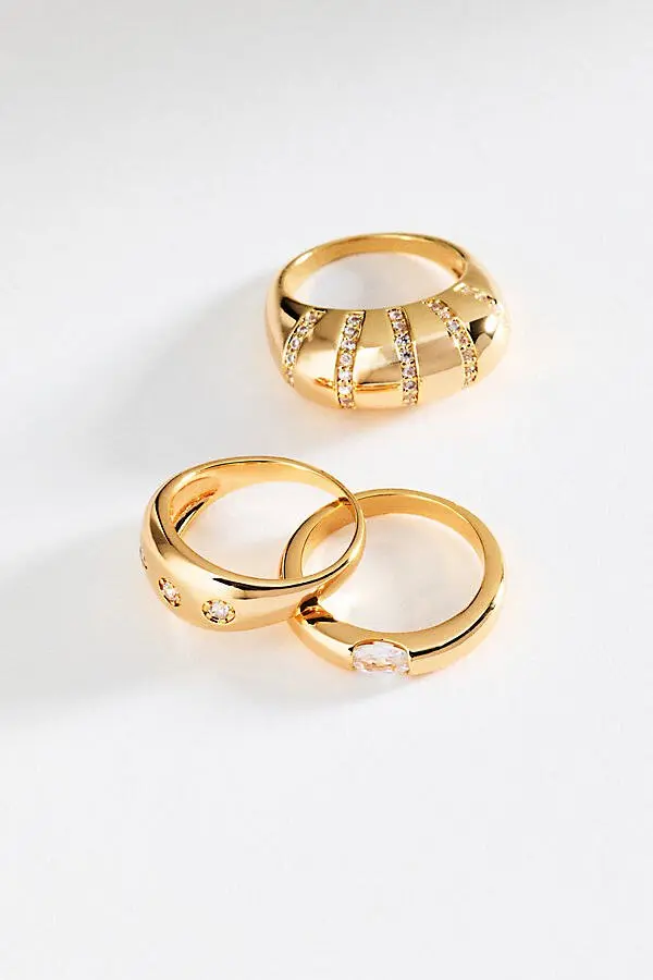 Anthropologie Set Of 3 Chunky Stackable Rings With Cubic Zirconia - Gold