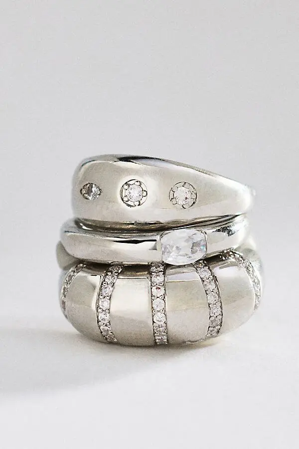 Anthropologie Set Of 3 Chunky Stackable Rings With Cubic Zirconia - Silver