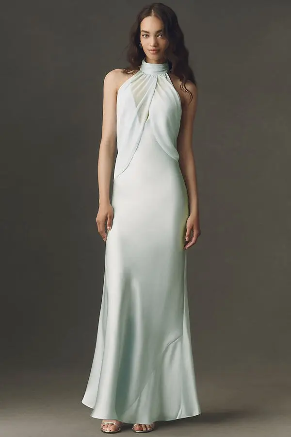 Bhldn Chiffon Satin Halter-neck Gown - Light Blue