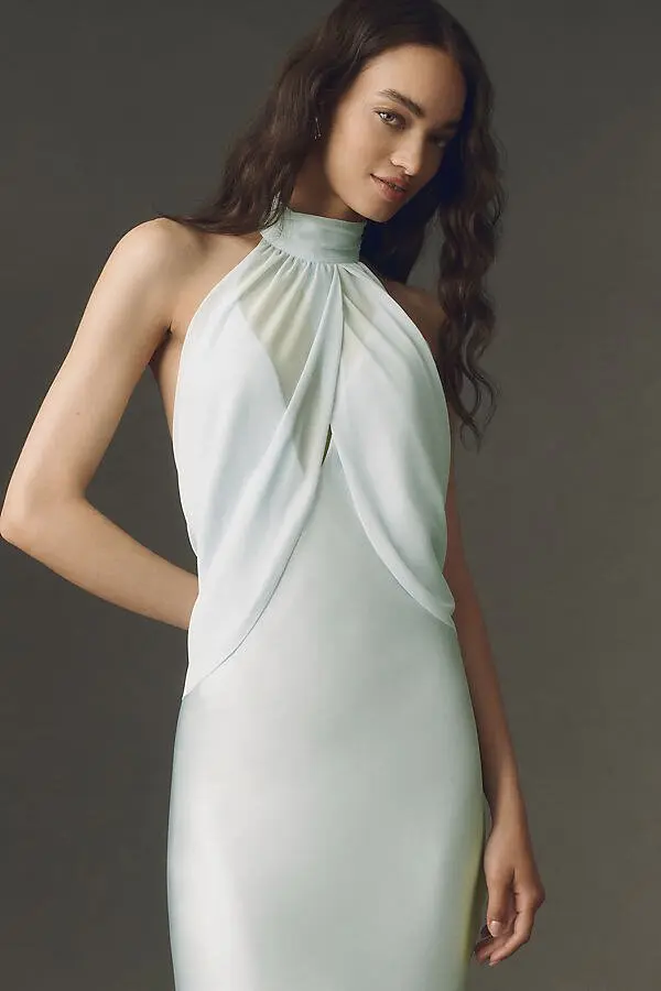 Bhldn Chiffon Satin Halter-neck Gown - Light Blue