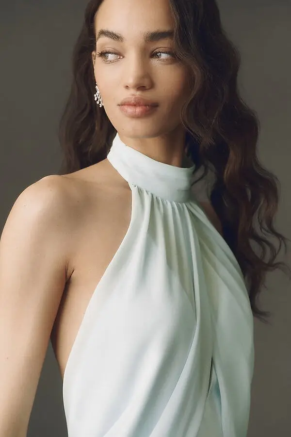 Bhldn Chiffon Satin Halter-neck Gown - Light Blue