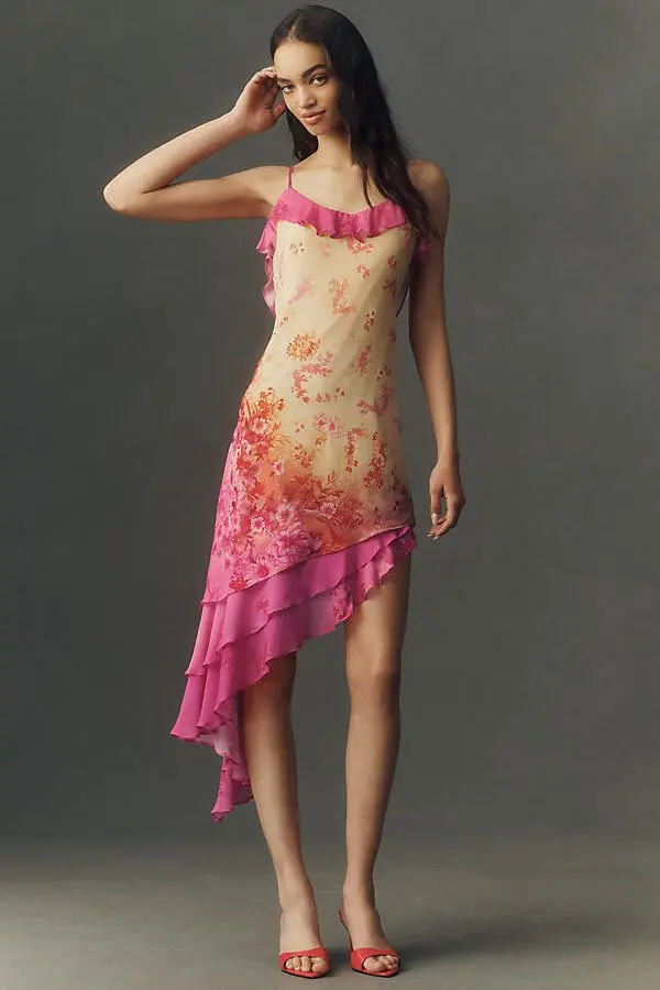 Bhldn Asymmetric Ruffle Midi Slip Dress