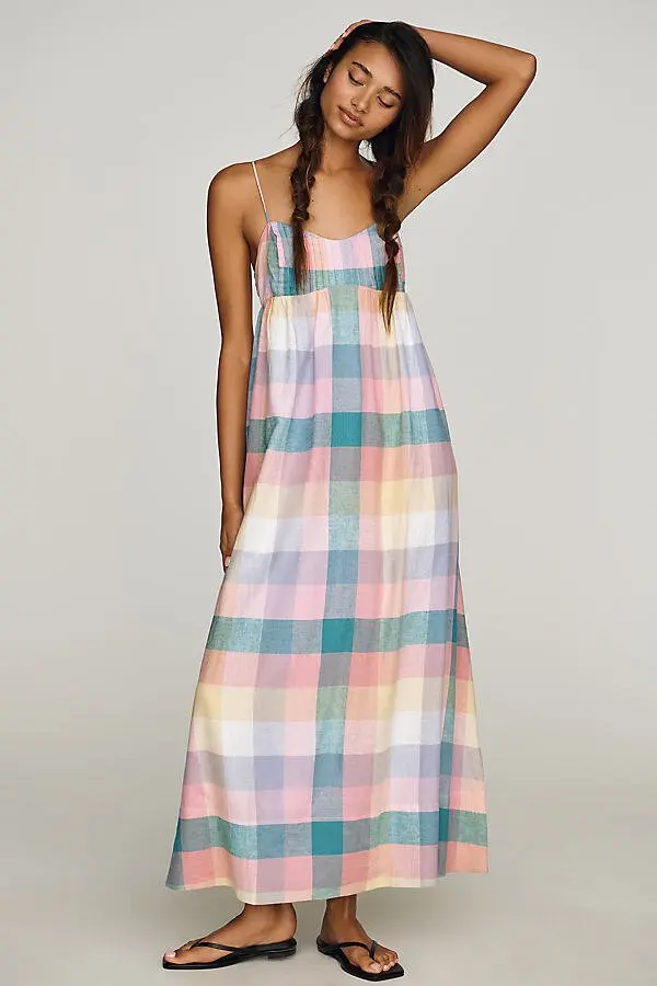 Maeve Linen Tie-back Maxi Dress - Summer Pretty Plaid