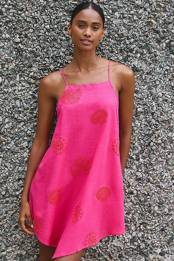 CELANDINE Embroidered Linen Mini Dress - Pink
