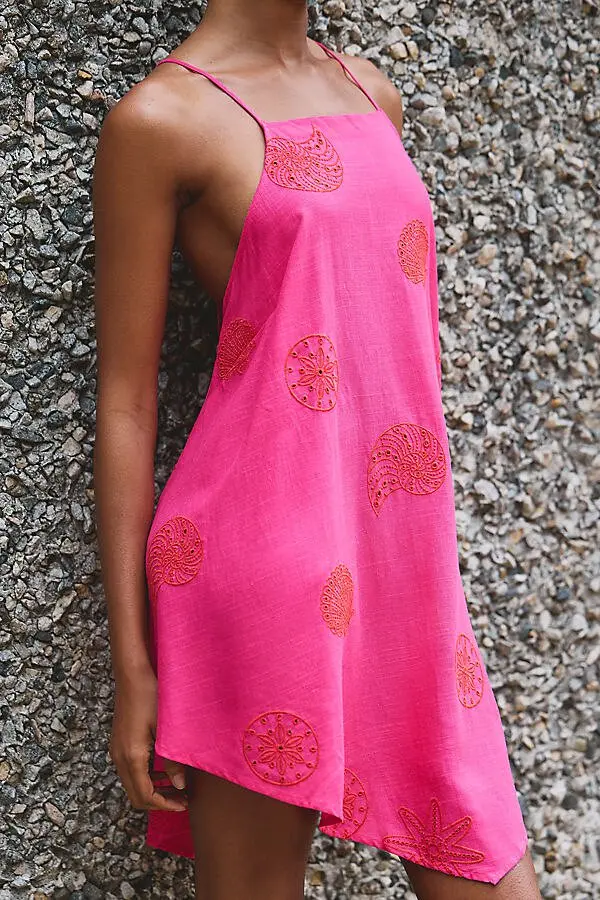 CELANDINE Embroidered Linen Mini Dress - Pink