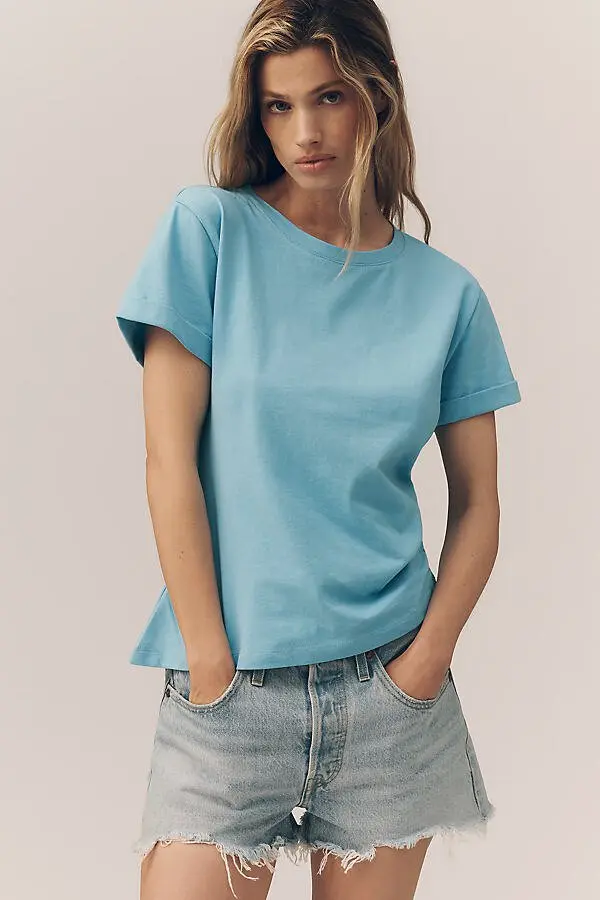 Anthropologie Cotton Ruched Asymmetric Tee - Blue Grotto