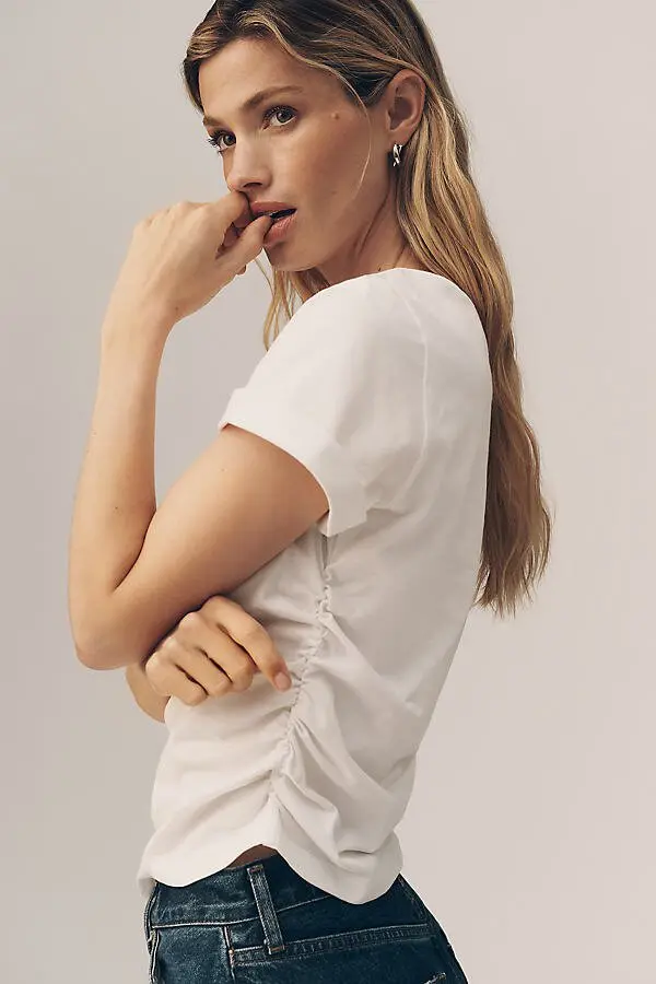 Anthropologie Cotton Ruched Asymmetric Tee - Bright White