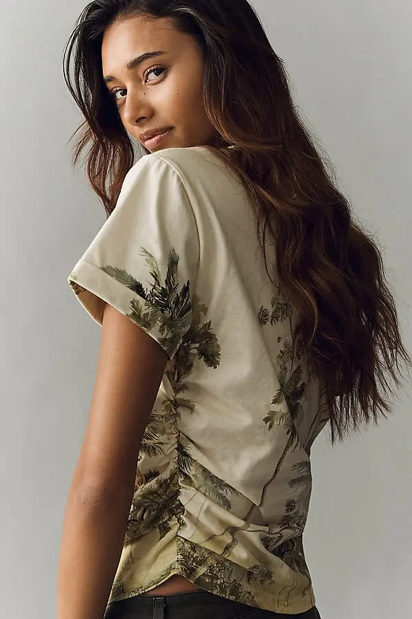 Anthropologie Cotton Ruched Asymmetric Tee - Ivory Pattern
