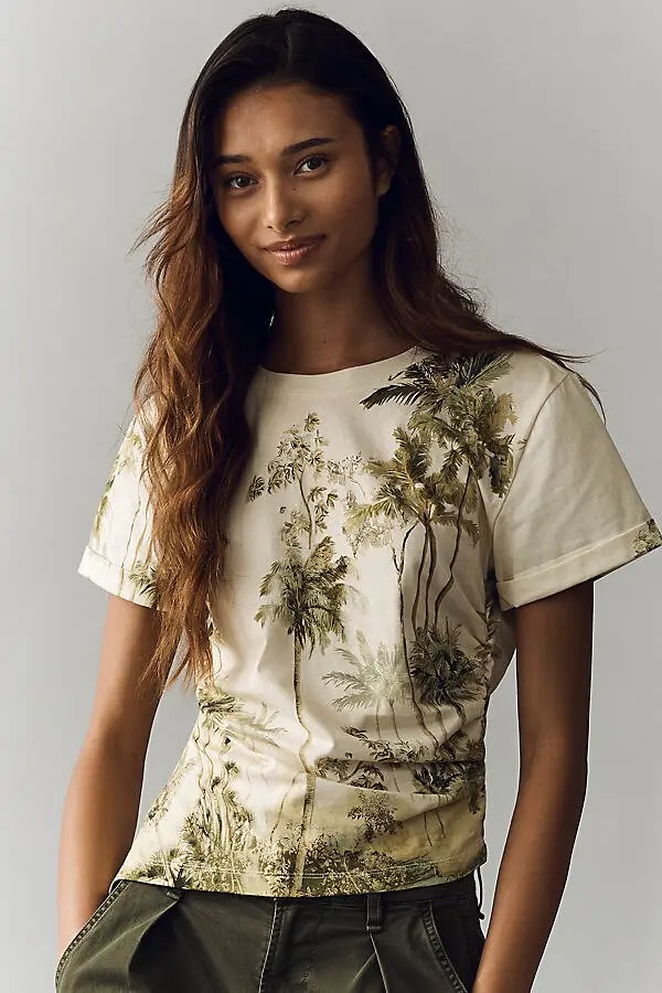 Anthropologie Cotton Ruched Asymmetric Tee - Ivory Pattern