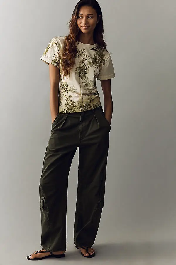 Anthropologie Cotton Ruched Asymmetric Tee - Ivory Pattern