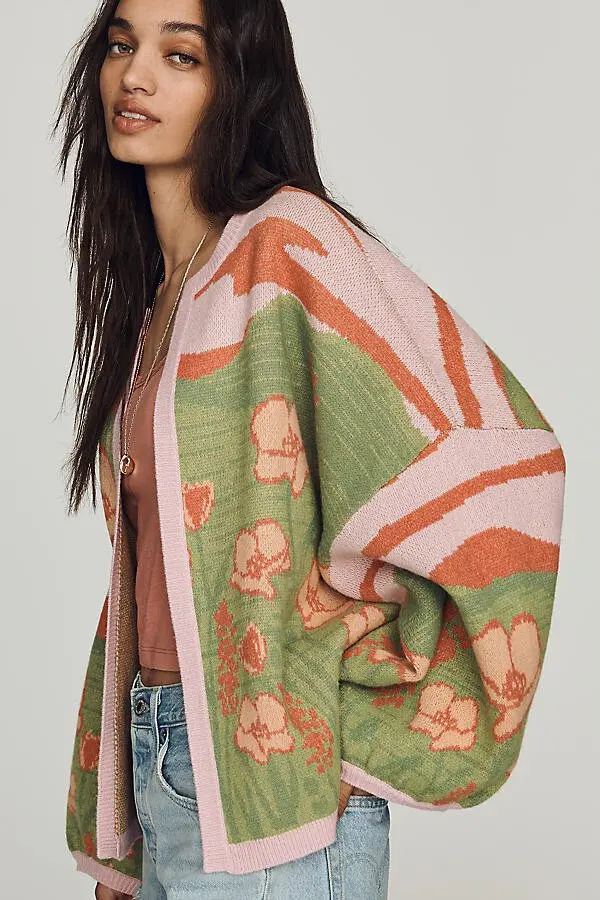 BEL KAZAN Floral Landscape Cardigan - Pink Pattern