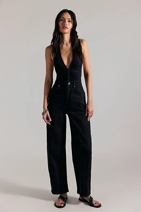 Free People We The Free Denim Halter Jumpsuit - Black Beauty