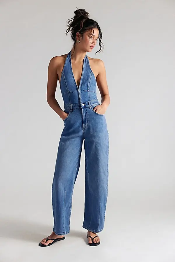 Free People We The Free Denim Halter Jumpsuit With Plunge Neckline And Barrel Legs - Ocean Spritz