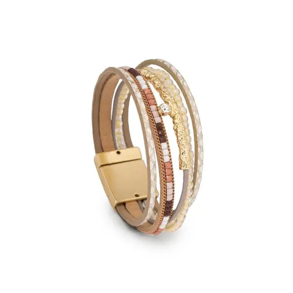 Saachi Leather Bracelet With Gold Tone And Crystal Embellishments - Brown
