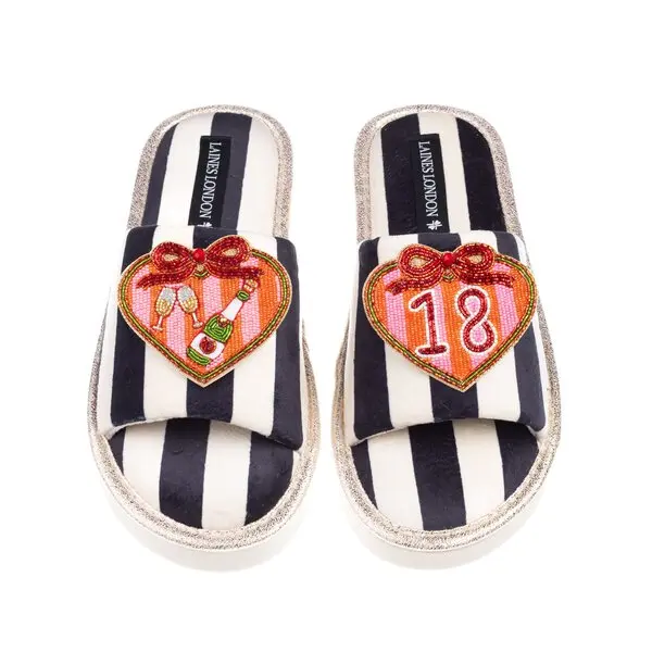 LAINES LONDON Flatform Stripe Open Toe Slippers With Brooch Detail - Black/white