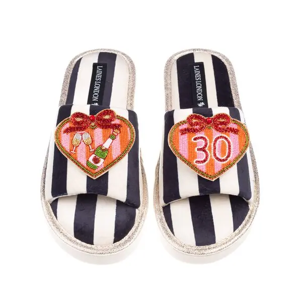 LAINES LONDON Flatform Stripe Open Toe Slippers With Heart Brooches - Black/white