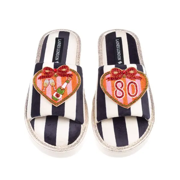 LAINES LONDON Flatform Stripe Open Toe Slippers With Embellished Heart Brooch - Black/white