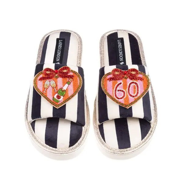 LAINES LONDON Flatform Stripe Open Toe Slippers With Embellished Heart Detail - Black/white