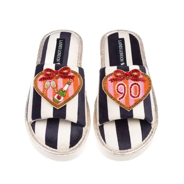 LAINES LONDON Flatform Stripe Open Toe Slippers With Embellished Heart Brooch - Black/white