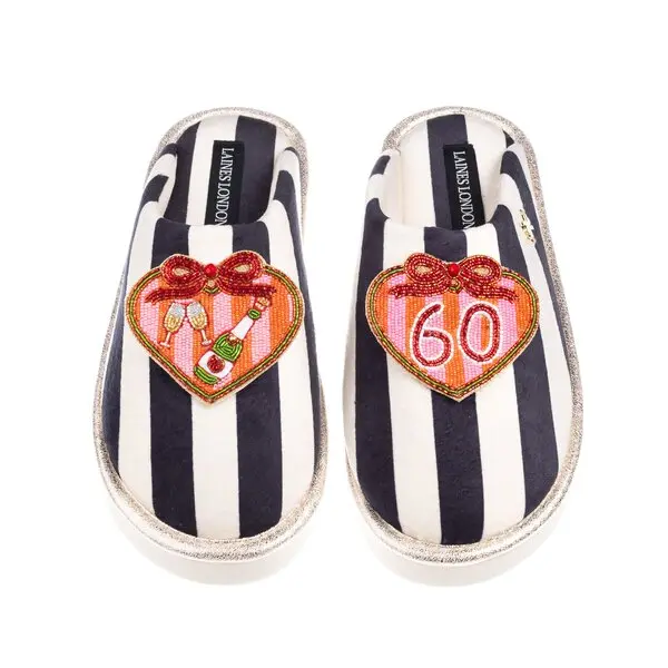 LAINES LONDON Flatform Stripe Slippers With Brooch Detail - Black/white