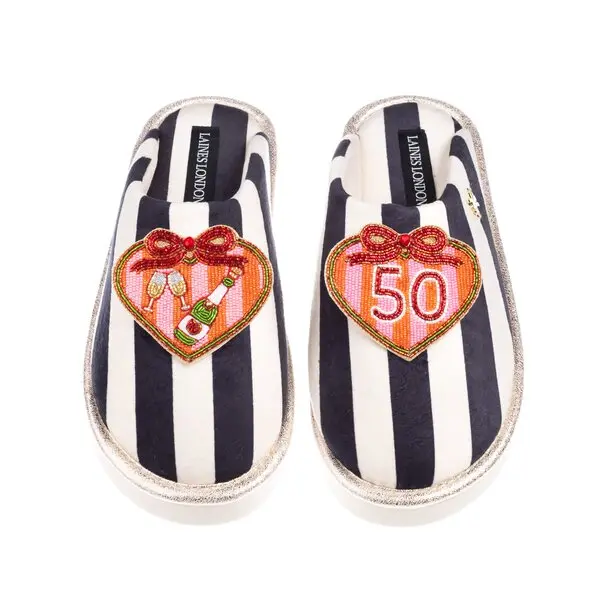 LAINES LONDON Striped Flatform Slippers With Heart Brooches - Black/white