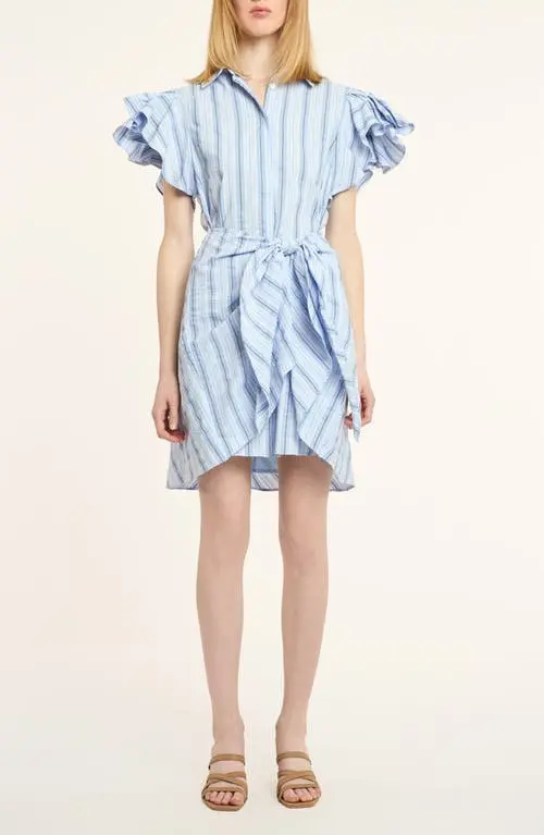 Cinq À Sept Striped Ruffle Sleeve Mini Shirt Dress With Tie Waist