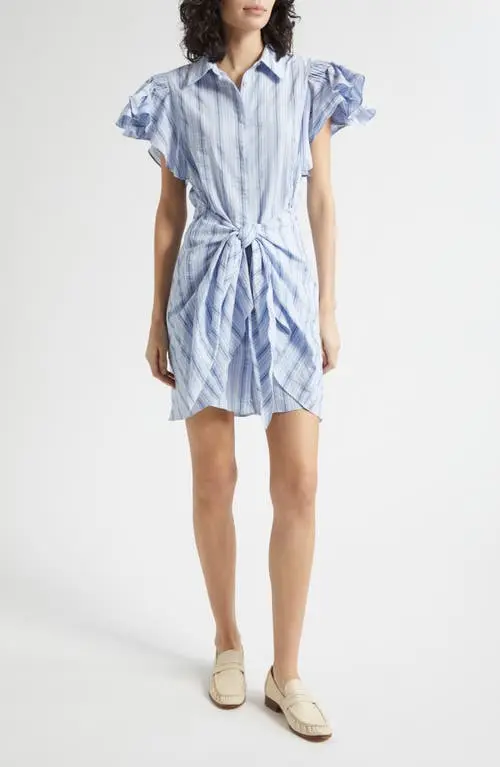 Cinq À Sept Striped Ruffle Sleeve Mini Shirt Dress With Tie Waist