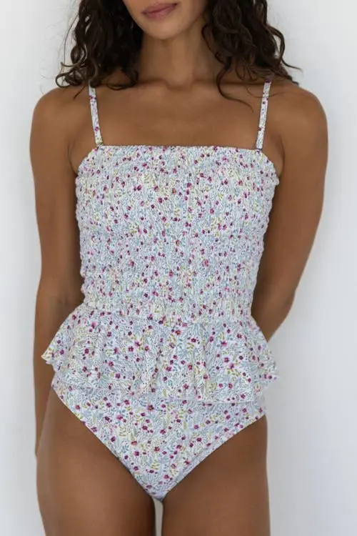 Geode Swimwear Amelia Peplum Tankini Top - White